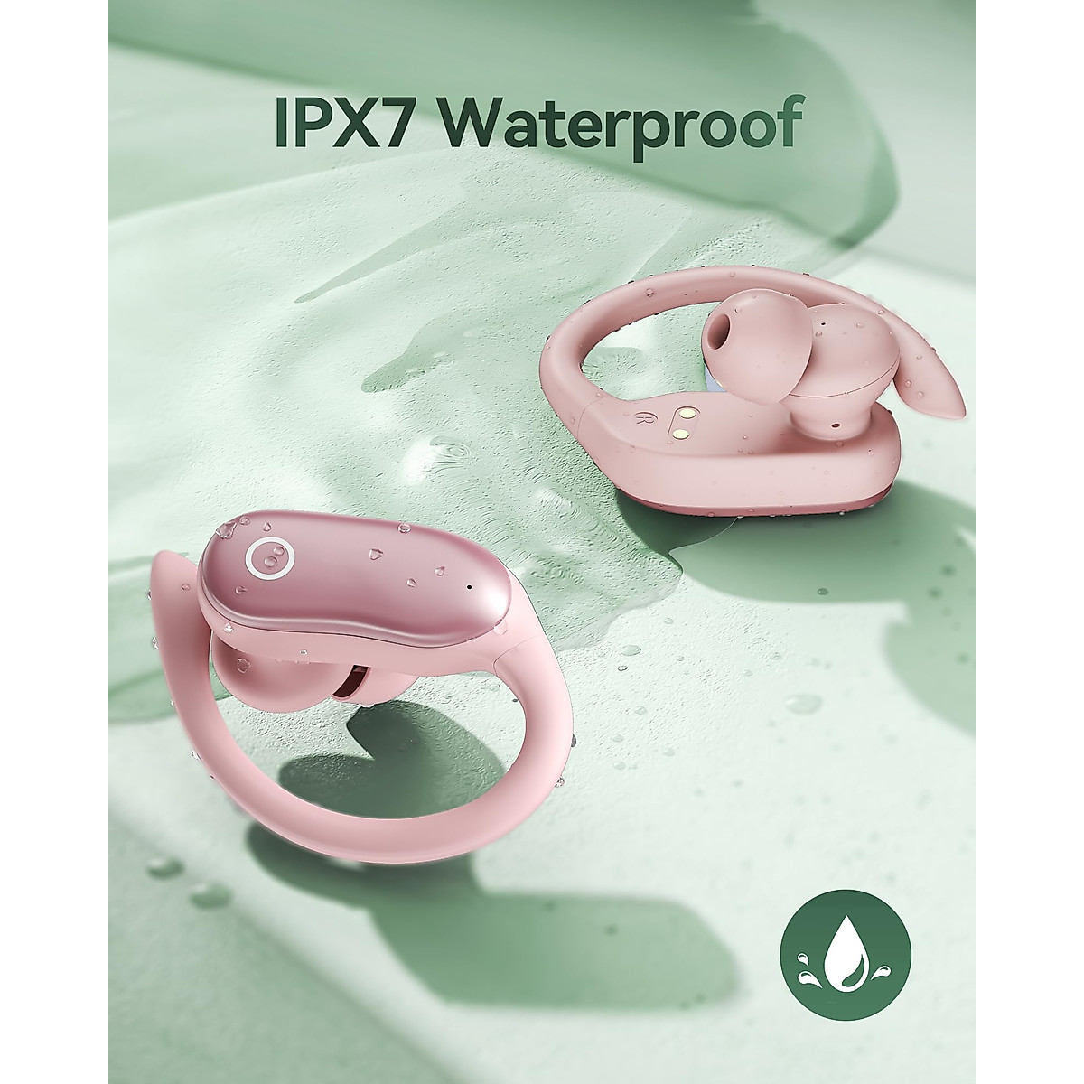 GNMN Bluetooth Headphones Wireless Earbuds 96hrs Playback Ear Buds IPX7 Waterproof Stereo Bass Over-Ear Earphones with Earhooks Microphone LED Battery Display for Sports/Workout/Gym/Running Rose Gold