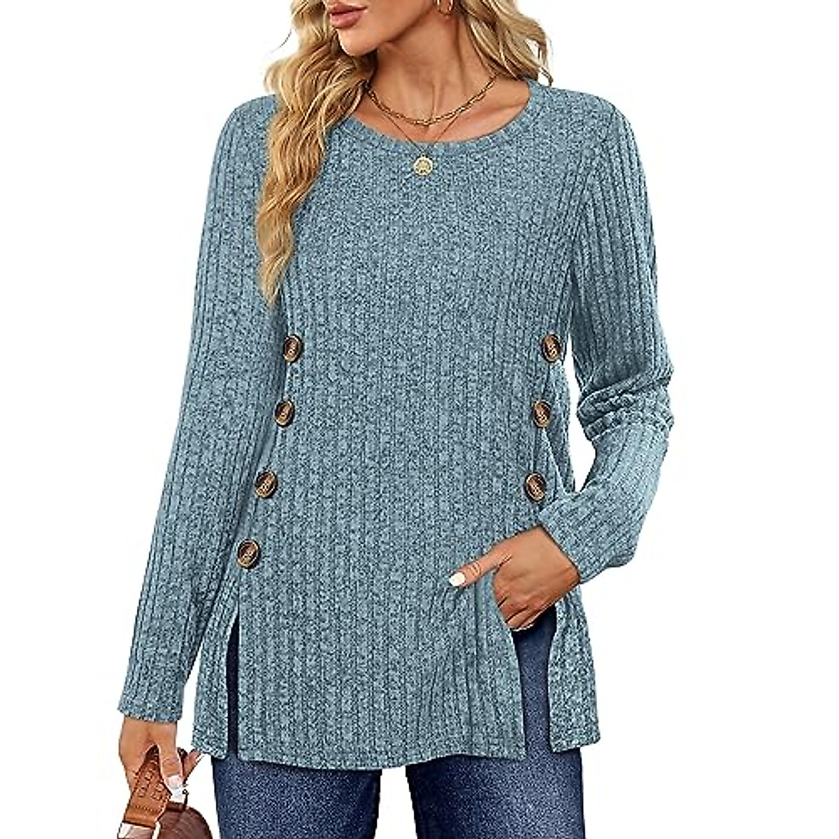 SAMPEEL Blue Tunic Sweaters for Women Fall Long Sleeve Tunic Tops for Women Buttons Side S