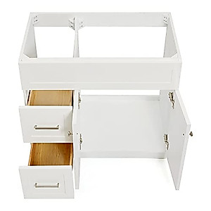ARIEL 36" White Bathroom Vanity Base Cabinet, Right Offset Sink Configuration, 2 Soft-Closing Doors, 2 Full Extension Dovetail Drawers, 1 Enclosed Large Storage Shelf, Brushed Nickel