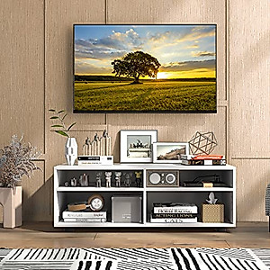 Tangkula White TV Stand for TV up to 40 Inch, Media Console Table with 4 Cubbies, 5 Positions Adjustable Shelves, TV Entertainment Center Wooden Storage Cabinet for Living Room (35.5", TVs up to 40")