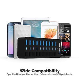 10 Port 60W USB 3.0 Hub with Individual Power Switches and LEDs Includes 60W 12V/5A Power Adapter+USB Bluetooth 4.0 Micro Adapter for PC [v4.0 Class 2 with Low Energy Technology]