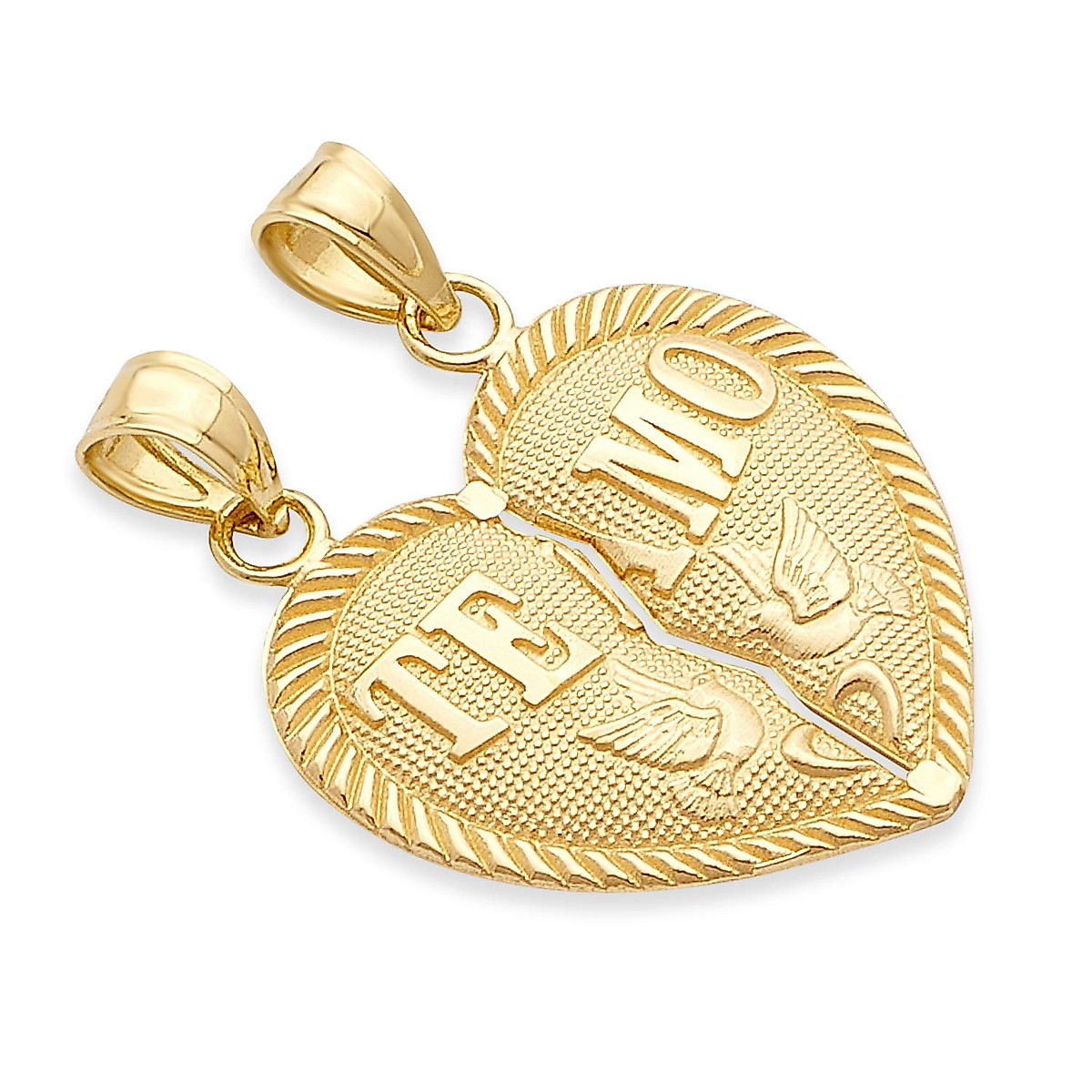 14k REAL Yellow Gold Samll "TEAMO" Couple Broken Heart Charm Pendant