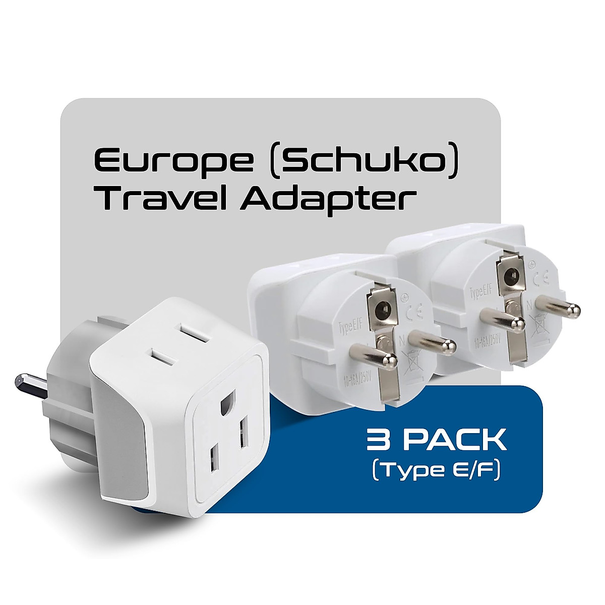 Ceptics Schuko Germany, France Plug Adapter, Dual Input - Ultra Compact Light Weight - Usa to Russia, South Korea Travel Adaptor Plug - Type E/F (3 Pack)