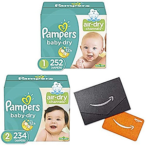 Diapers Newborn/Size 1 (8-14 lb), 252 Count - Pampers Baby Dry Disposable Baby Diapers with Diapers Size 2, 234 Count and Amazon.com Gift Card in a Mini Envelope