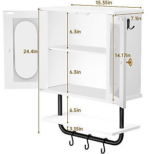 Creso hom Medicine Cabinet, Wood Bathroom Wall Cabinet with Adjustable Shelf and Hooks, Towel Bar, 3 Tier Bathroom Cabinet Wall Mount Storage Cabinets for Living Room, Bedroom, Kitchen, White
