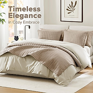 Comfort Spaces Kienna Quilt Set-Luxury Double Sided Stitching Design Summer Blanket, Lightweight, Soft, All Season Bedding Layer, Matching Sham, Taupe, Coverlet Full/Queen(90"x90") 3 Piece