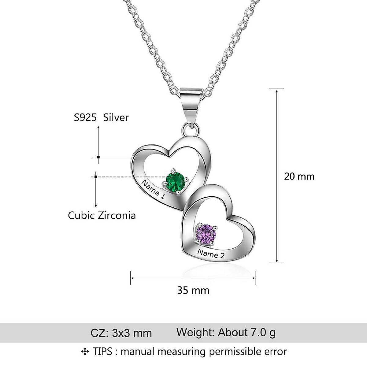 Personalized 2 Names Sterling Silver Necklace with 2 Simulated Birthstones Couple Engraved Love Heart Pendant Promise Necklace for Women