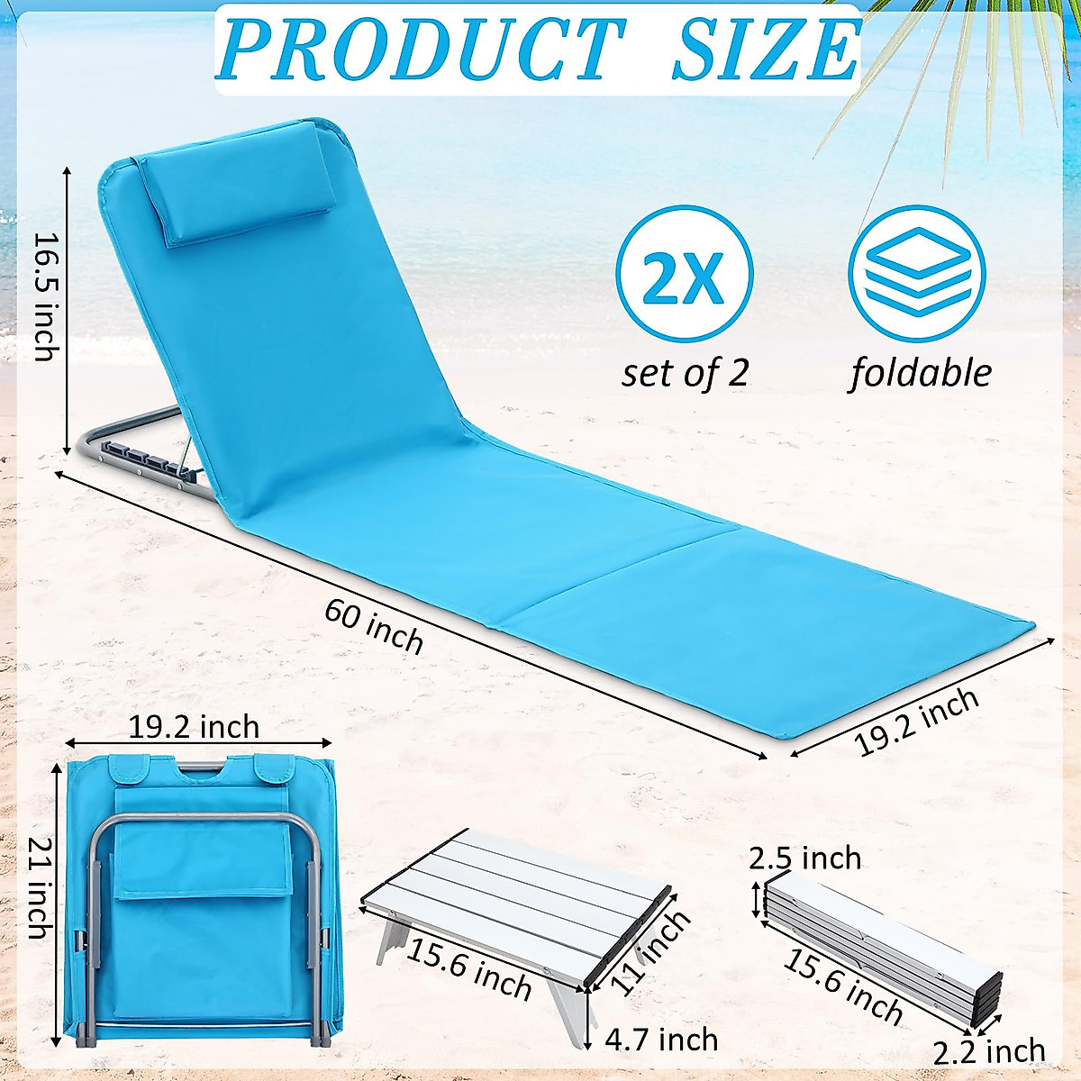 Beeveer 4 Pack Beach Lounge Chaise Chairs with 2 Folding Side Tables Portable Tanning Chair 5 Position Adjustable Lightweight Camping Chair for Sunbathing, Outdoor Yard, Lawn (Lake Blue)