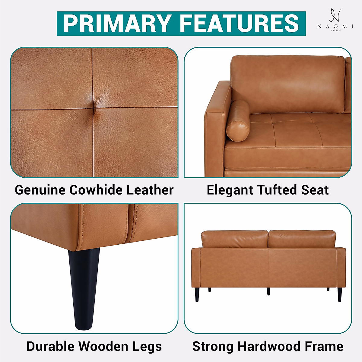 Naomi Home Genuine Leather Sofa - Revel in Exquisite Leather Opulence - Unparalleled Luxury Mid-Century Leather Sofa - Embodiment of Cozy Lounging and Contemporary Design Tan