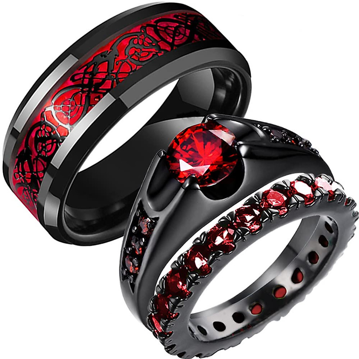 2in1 Black Bridal Ring Red Celtic Dragon Ring His and Hers Wedding Ring Sets Couples Rings for Lover Anniversary Engagement Promise Rings Bridal Sets
