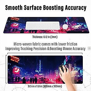 Ovenbird Large Gaming Mouse Pad with Stitched Edges, Cyberpunk Neon City Desk Mat, Extended XL Mousepad with Anti-Slip Base, Cool Desk Pad for Keyboard and Mouse, 31.5 x 11.8 in, Black