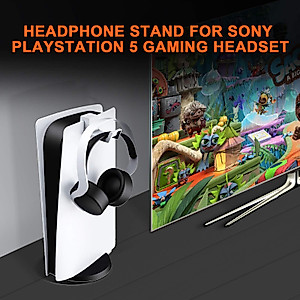 BEJOY Multifunctional Vertical Stand with Headphone Stand, 3-Level Rotate Fans Speed, Dual Type-C PS5 Charging Station with Gaming Headset Holder, 11 Games Boxes Storage, White…