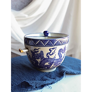 Ebros Japanese Dining Tempura Udon Noodles And Tentsuyu Dipping Sauce Large 6"D Bowl With Condiment Divider Lid And Bamboo Chopsticks And Built In Rest Set (Blue White Oriental Feng Shui Dragon King)