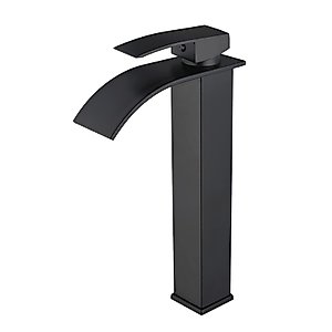 WANJINLI Bathroom Vessel Sink Faucet Matte Black Tall Waterfall Single Handle One Hole Deck Mount Mixer Bowl Tap with Large Rectangular Spout Bar Sink Faucet Lavatory Vanity with Overflow