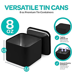 Hearts & Crafts Black Square Candle Tins 8 oz with Lids - 24-Pack of Bulk Candle Jars for Making Candles, Arts & Crafts, Storage, Gifts, and More - Empty Candle Jars with Lids