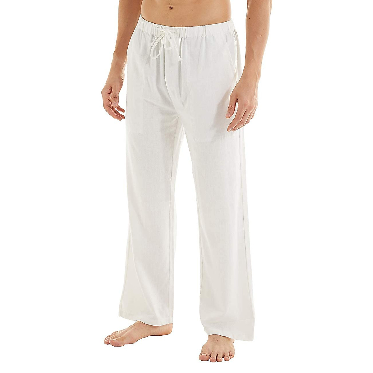 YuKaiChen Men's Casual Beach Pants Drawstring Cotton Linen Loose Open Bottom Yoga Trousers Pockets White XXL
