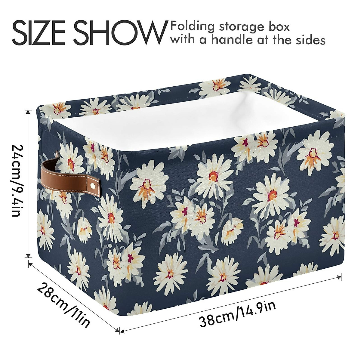 AUUXVA Floral Flower Daisy Leaves Pattern Storage Basket Large Foldable Storage Organizer Cubes Bins with Leather Handles Sturdy Collapsible Boxes for Shelf Cloth Toy Closet-2 Pack