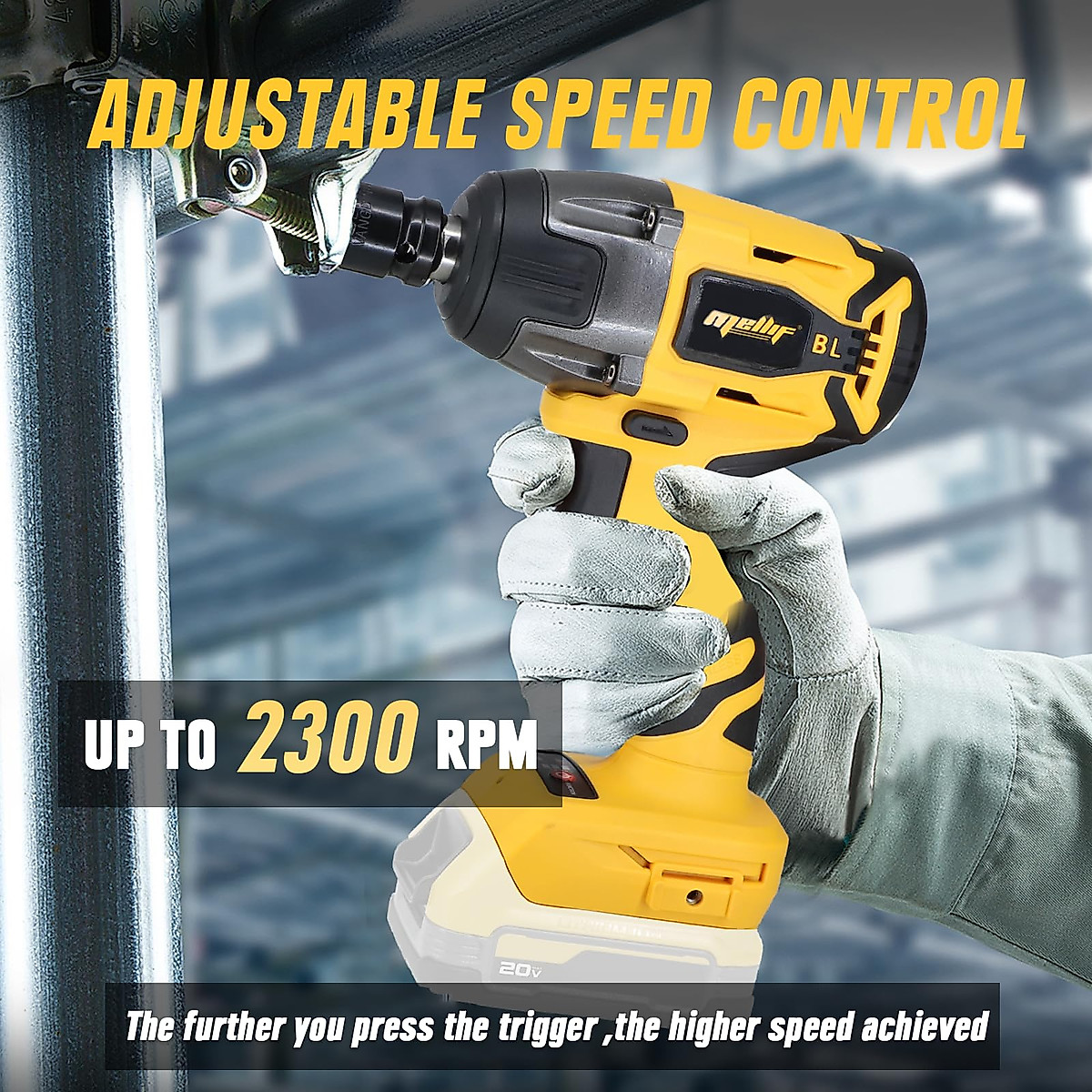 WITLIGHT Cordless Impact Wrench, Compatible w/ 20V Max Battery (NOT Included), Mellif 1/2" High Torque (258Ft.lbs/350N.m) Brushless Impact Driver 3 Speeds & Memory Mode & LED light, Yellow