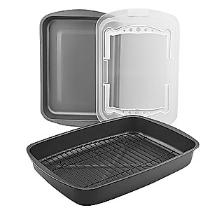 Baking with G&S HGVP07-AZ Four-Piece Nonstick Roaster with Rack and Lid Set, 17.375 in x 12.75 in x 0.375 in, Grey