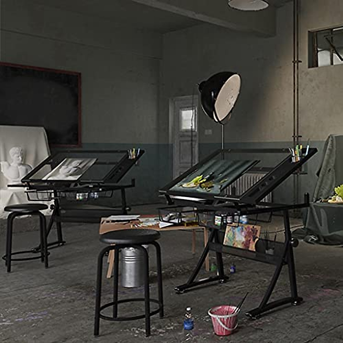 Drafting Desk, Adjustable Glass Drafting Table,Versatile Art Study Table,with Storage Drawers,Art Studio Design Sketching Painting Work Station