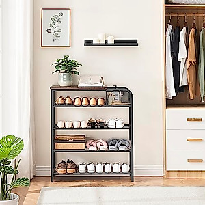 IDEALHOUSE Shoe Rack for Entryway, 5 Tier Shoe Storage Shelves with Mesh Storage Basket, 16-20 Pairs Shoe Organizer with Wooden Top Shelf for Closet, Hallway, Entryway, Rustic Brown