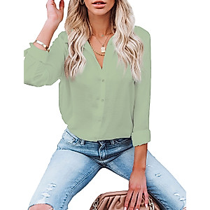 Diosun Womens Button Down V Neck Shirts Long/Short Sleeve Office Casual Business Plain Blouses Tops (Medium, Bean Green)