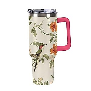 Hummingbirds Flowers 40 Oz Stainless Steel Cup Travel Tumbler with Handle and Straw Lightweight Coffee Mug for Home Office