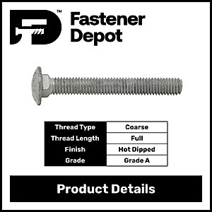 1/4"-20 x 6 Hot Dipped Galvanized Carriage Bolt, Grade A, Full Thread, Quantity 100 - by Fastener Depot, LLC