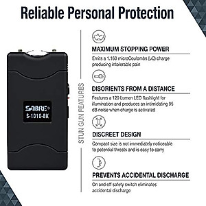 SABRE 2-in-1 Stun Gun with LED Flashlight, Self Defense Stun Gun with Painful 1.160 µC Charge, 120 Lumens, Rechargeable Battery, Easy to Use Safety Switch, Belt Holster for Quick Access
