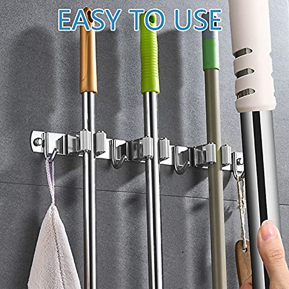 Nlmyt Mop and Broom Holder Wall Mount, Broom Organizer Wall Mount, Stainless Steel Mop Holder Storage, Broom Hook, Heavy Duty Broom Rack for Home, Garage, Garden, Laundry Room (3 Racks 4 Hooks)