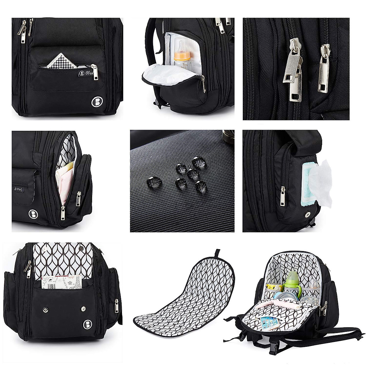 Diaper Bag backpack by Blissly for Baby Girls, Boys, Twins, Moms & Dads. 20 Total Pockets Including 4 Insulated Bottle Pockets, Wipe Pocket, Stroller Straps & Changing Pad