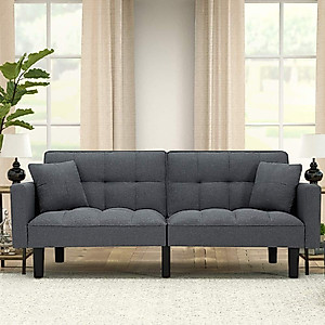 HOMHUM Convertible Sleeper Sofa Bed Modern Linen Fabric Couch Bed Futon Sofa Bed with 2 Pillows for Living Room, Apartment, Guest Room, Classic Grey