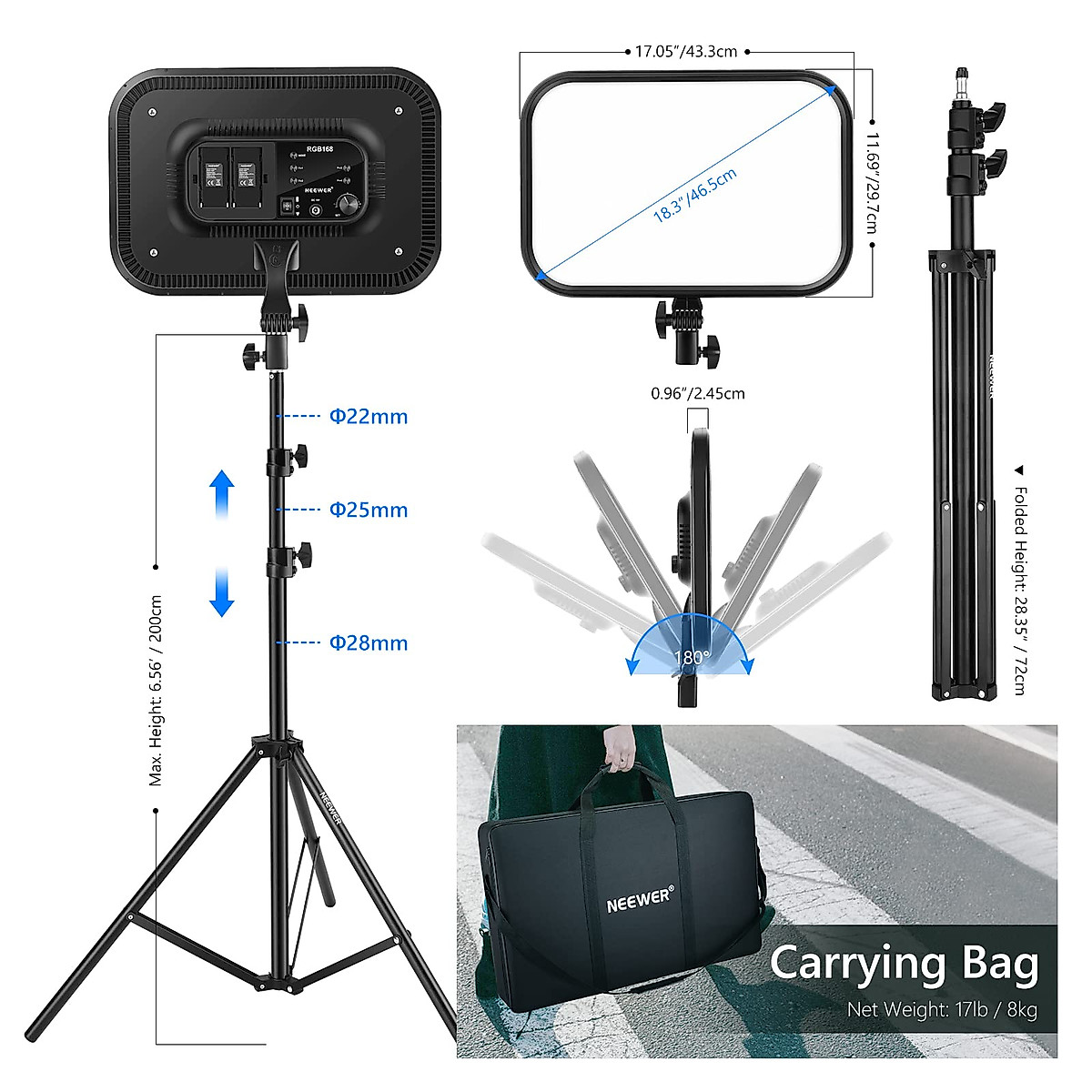 NEEWER 18.3" RGB LED Video Panel Light with App Control, 2 Pack Stand Kit, 360° Full Color/2500K~8500K/CRI97+/17 Scene Effects, 60W RGB168 Studio Lights for YouTube/Game Live Streaming/Photography