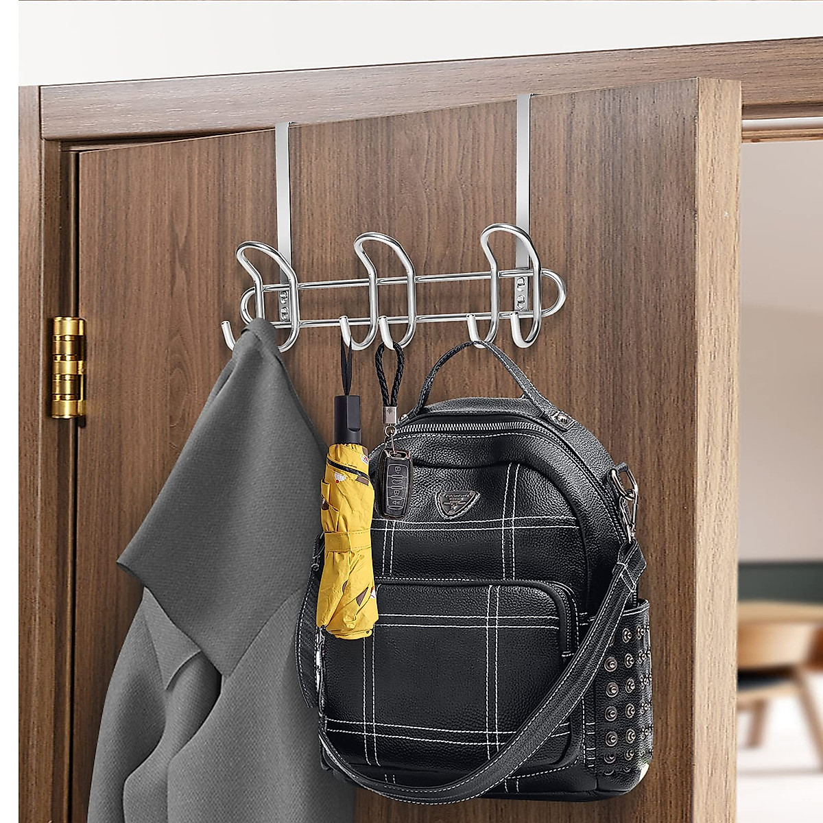 horkmous Over The Door Hooks, Behind Door Coat Hangers for Hanging Heavy Robes, Towels, Clothing, etc. Aesthetic Design Over Door Coat Rack, Coat Hooks, Towel Hangers for Bathroom, Silver
