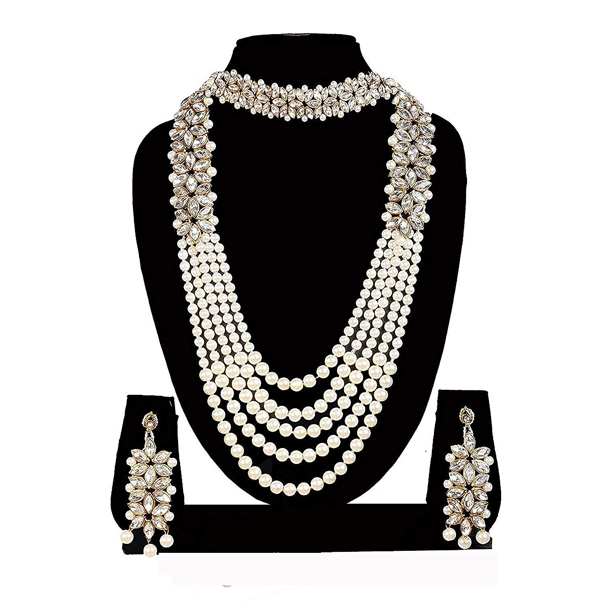 Aheli Wedding Party Wear Bridal Jewellery Choker Long Pearl Necklace Earrings Maang Tikka Indian Traditional Set for Women White