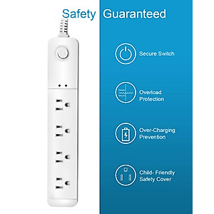 Power Strip Extension Cord, Surge Protector, 6 Ft, 4 Outlet Heavy Duty, 3 Prong Plug, Overload Protection, Ideal for Home or Office Equipment, White