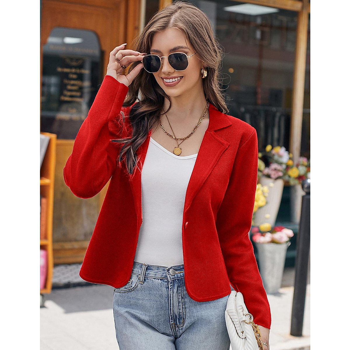 Women Knit Blazer Jackets Work Casual Long Sleeve Button Dressy Cardigan Cropped Sweater Blazer Red S
