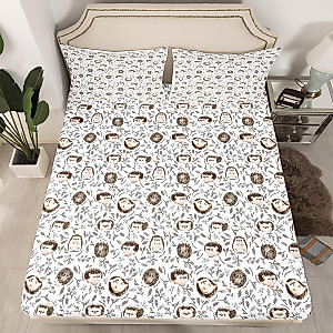Erosebridal Cute Hedgehog Sheet Set Twin Size, Animal Pattern Sherpa Bed Sheets, Soft Kawaii Kids Sheets Hedgehog Gifts for Girls Women Hedgehog Lovers Leaves Branch Top Sheet with Deep Pocket