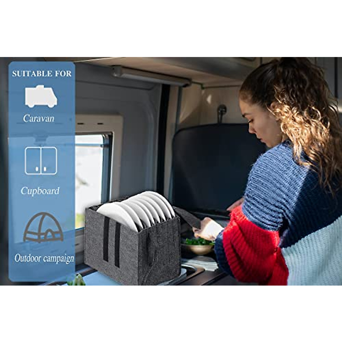 Felt Plate Storage Containers for Caravan, Camping Dish Holder Bag for 8 Plates, Camping Tableware Storage Felt Bag, Motorhome Cupboard Storage Kitchen Accessories, Reduce Noise