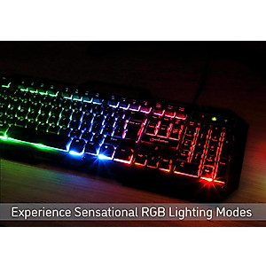 Manhattan Wired Membrane Gaming Keyboard –with Backlit RGB LED, Metal Base, IPX4 Splashproof, Phone Holder, 12 Multimedia Function Quiet Keys-for Computer, PC, Desktop, Gamer –3 Yr Mfg Warranty–180610