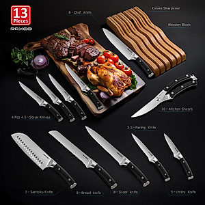 RAXCO Knives Set For Kitchen,13Pieces Kitchen Knife Set-6 Kitchen Knives,4 Steak Knifes,Drawer Knife Set With Built-in Sharpener