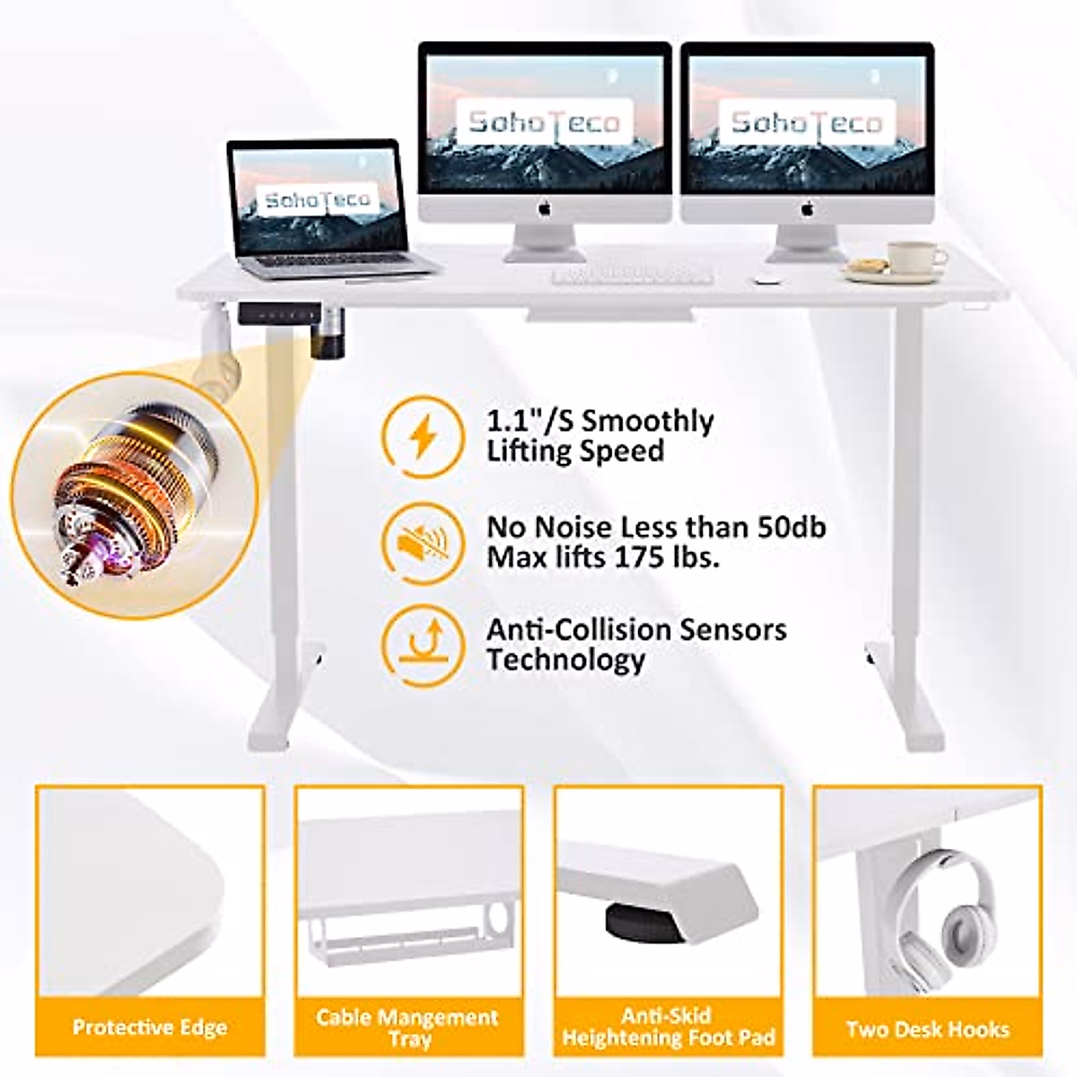 Electric Standing Desk, 55x24 Height Adjustable Sit Stand Desk with Memory Presets, Large Computer Desk for Home and Office, White Frame & White Desktop