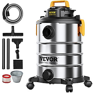 VEVOR Stainless Steel Wet Dry Shop Vacuum, 8 Gallon 6 Peak HP Wet/Dry Vac, Powerful Suction with Blower Function w/Attachment 2-in-1 Crevice Nozzle, Small Shop Vac Perfect for Carpet Debris, Pet Hair