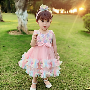 AVAZU 3M-6T 3D Colorful Flower Toddler Baby Girls Wedding Pageant Layered Dresses Wedding Birthday Party Tutu Gown with Headwear Light Pink 110