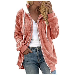 2023 Fleece Jacket Womens Plus Size Loose Fuzzy Jacket Colorblock Plush Zip Up Hoodies Casual Faux Fur Jacket Outerwear