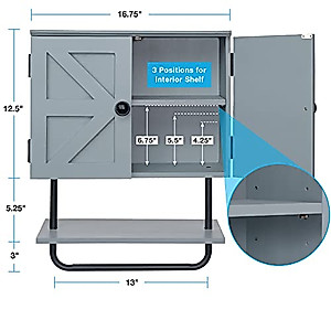 EXCELLO GLOBAL PRODUCTS 17x21” Barndoor Bathroom Wall Cabinet, Space Saver Storage Cabinet Kitchen Medicine Cabinet with Adjustable Shelf and Towel Bar, Rustic Gray