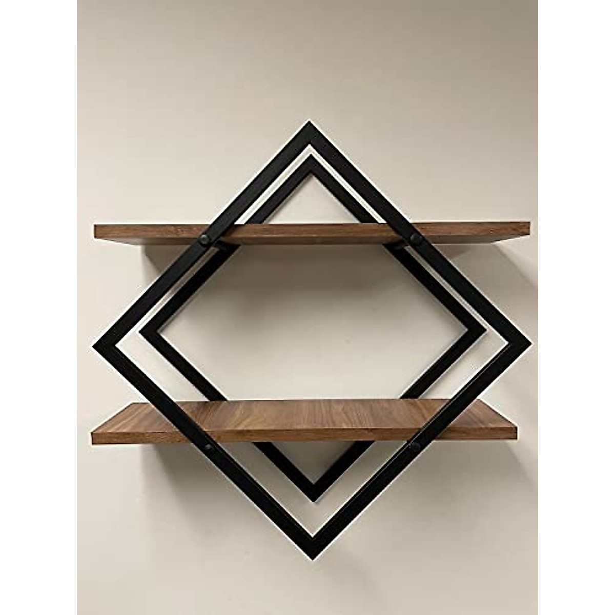Diamond Shape Metal Frame Wall Mount Rustic Shelf. Mid Century Modern 2 Tier Wall Shelf