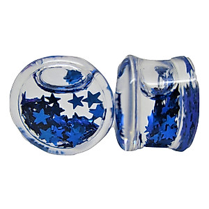 Pierced Republic Blue Star Glitter Liquid Filled Ear Plugs - Double Flared - 6 Sizes - Pair (0 Gauge (8mm))