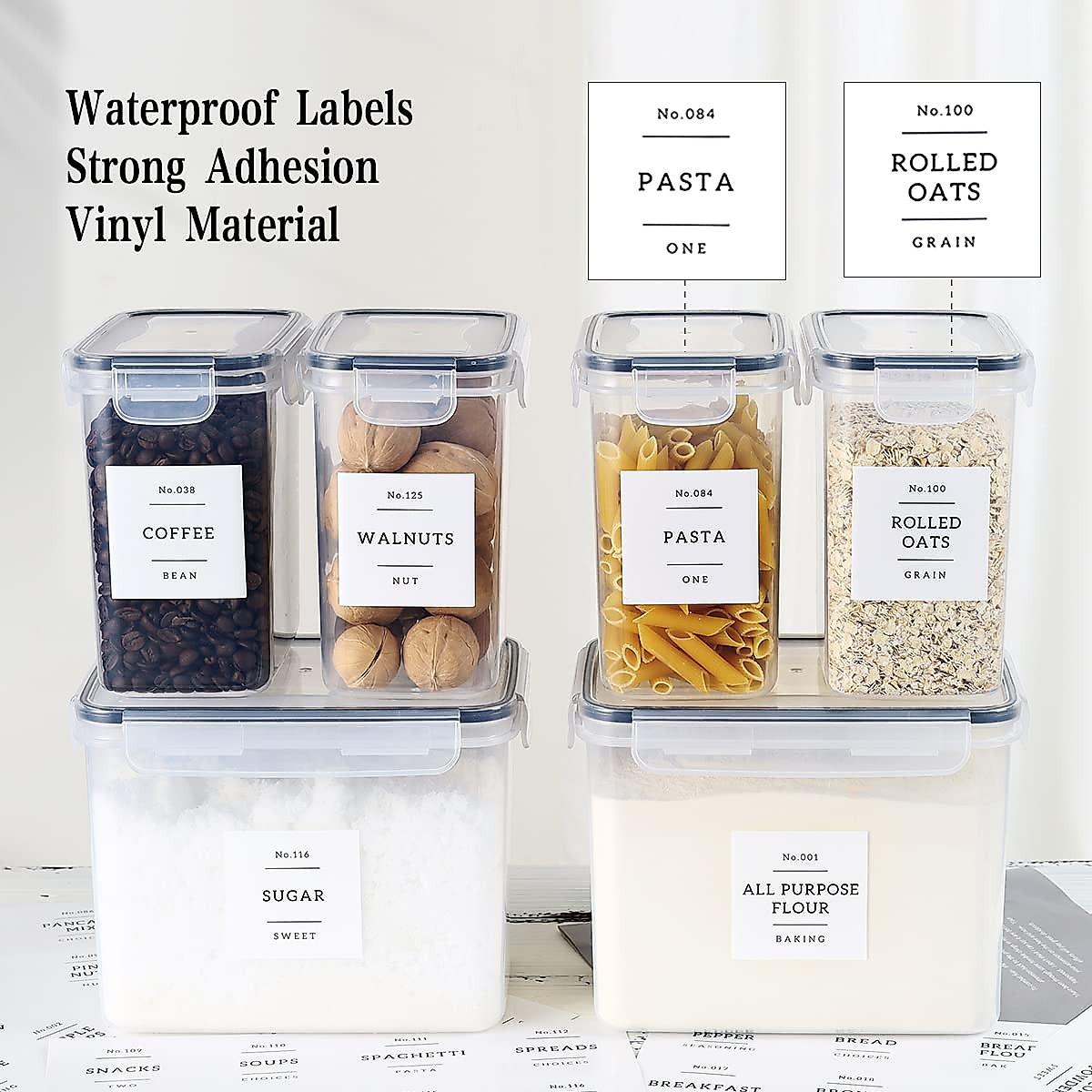 XOTAISM 6 Pcs Airtight Flour and Sugar Containers with 132 Kitchen Pantry Labels Preprinted - Stackable Plastic Cereal Storage Canisters with Lids