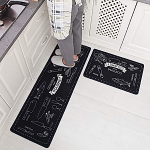 Carvapet 2 Piece Non-Slip Kitchen Mat Rubber Backing Doormat Runner Rug Set, Cozinha Design (Navy Blue 15"x47"+15"x23")